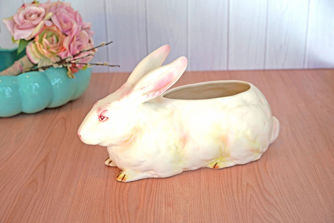 Vintage Lefton Matte White Rabbit Planter With Pink Accents - Etsy
