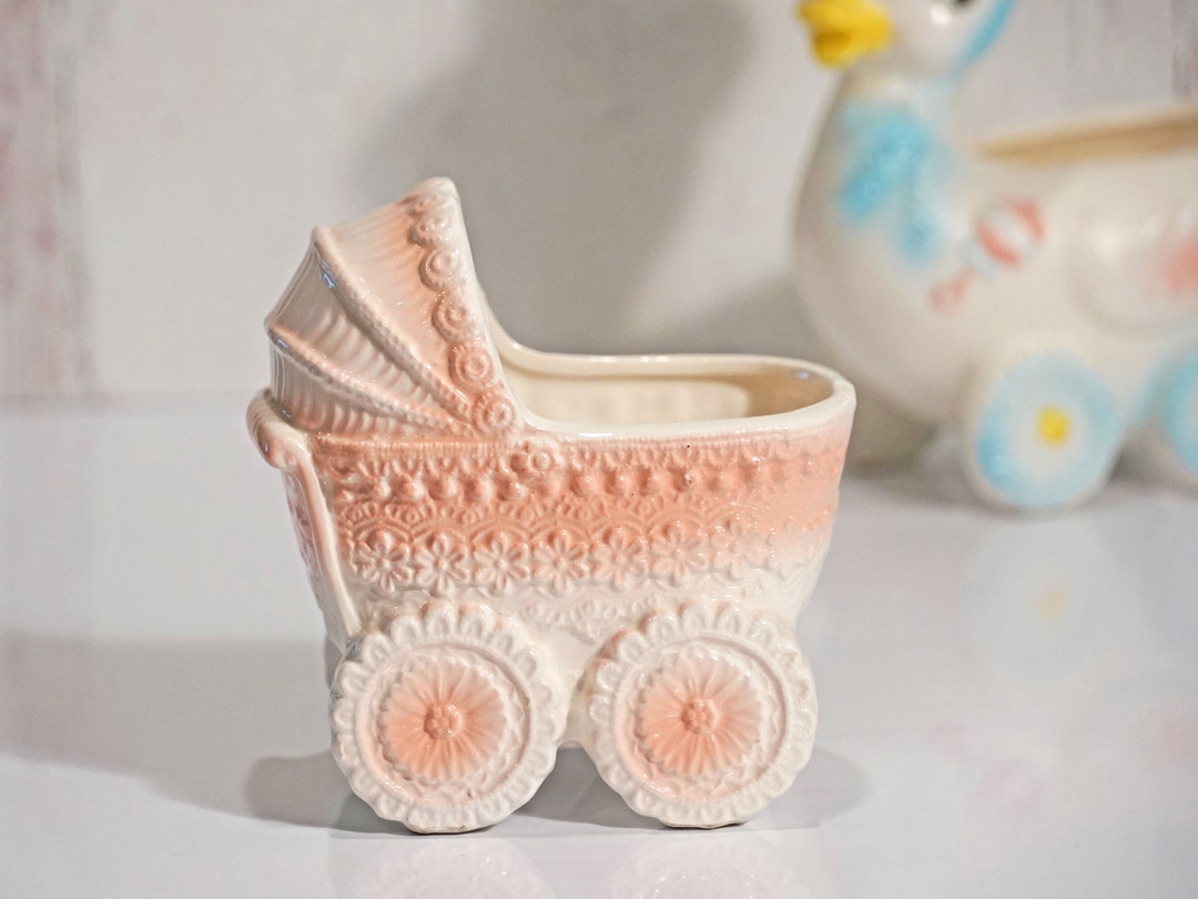 Vintage Napco Pottery Glazed Pink Daisy Baby Carriage Planter, 4 1/2 ...