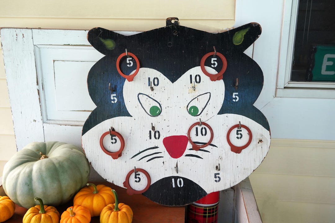 Vintage Mid-century Cat Face Ring Toss Game, 21" X 21", Hand-painted 3/ ...