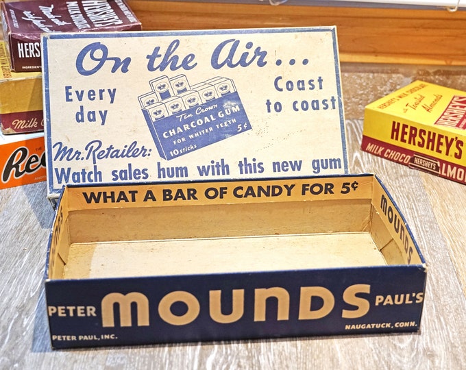 Vintage 1940s Peter Paul Mounds Bar Candy Box, Store Display, Charcoal ...