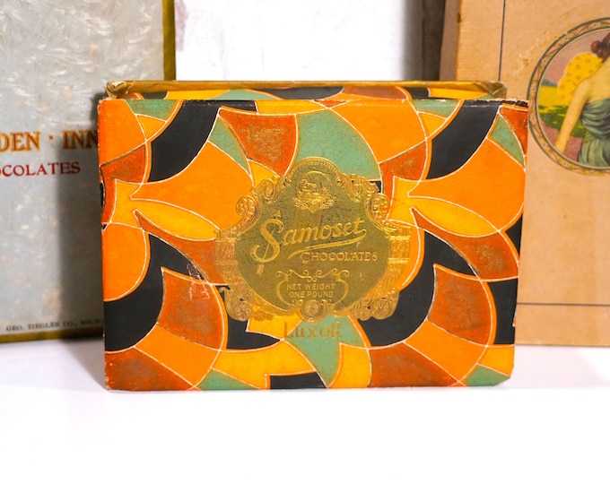Antique Art Deco Samoset Chocolates Box, Orange, Black, Green Padded ...