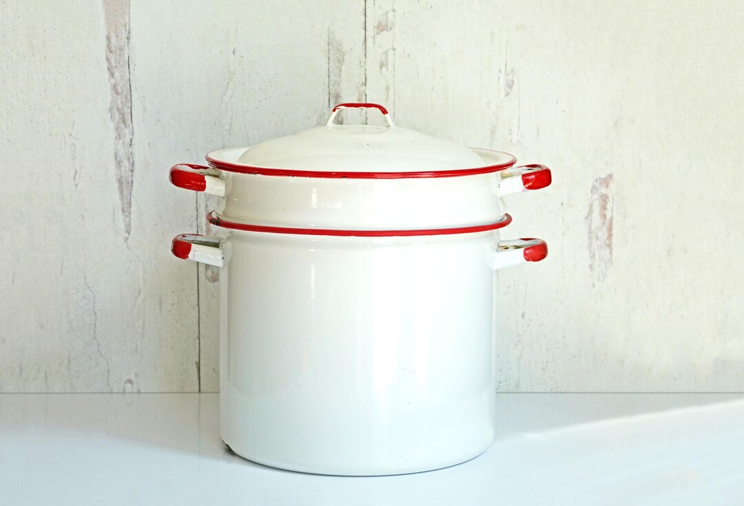 Vintage Porcelain Enamel Stock Pot With Handles, White With Red Trim ...