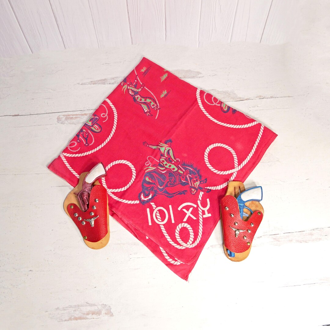 Vintage 1950s Swagger Red Rodeo Cowboy Handkerchief, Bucking Broncos ...