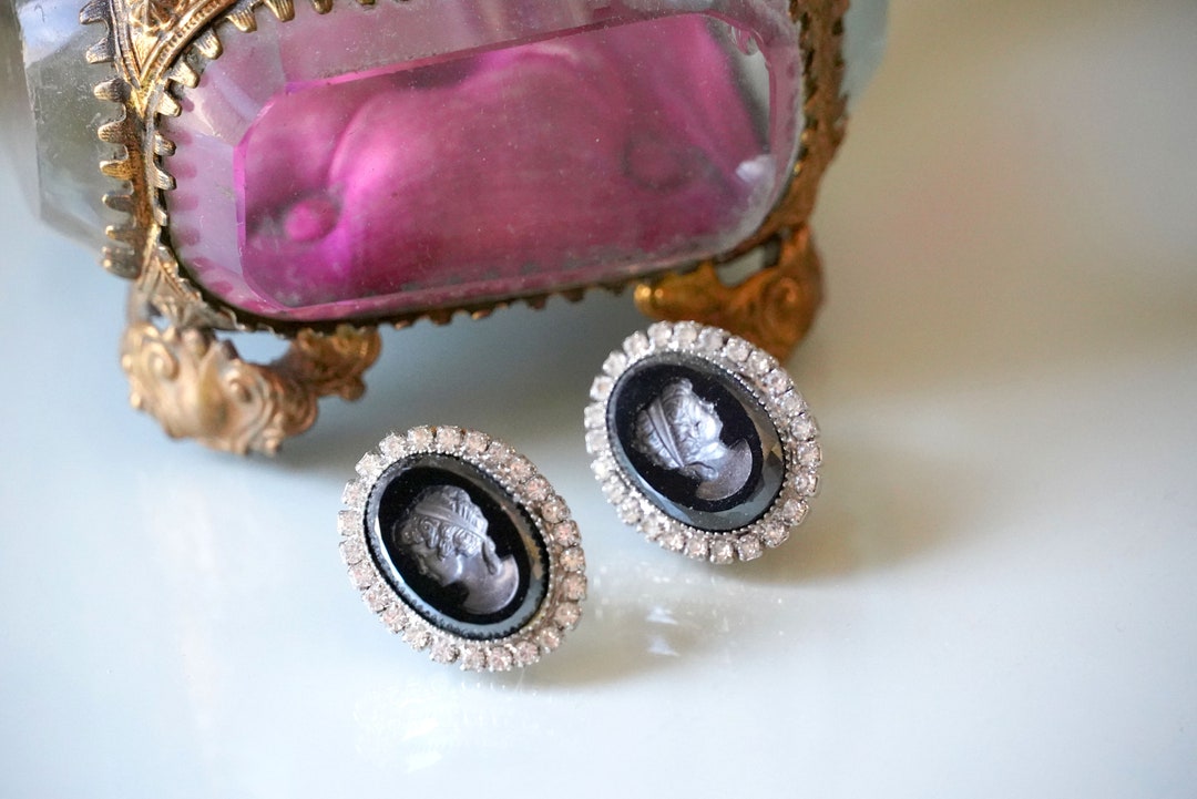 Vintage Carved Black Marcasite Cameo Earrings, Oval With Rhinestone ...