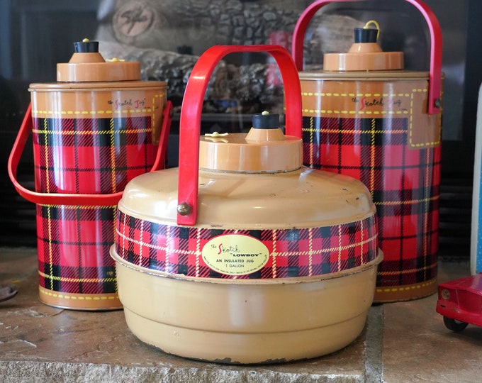Vintage 1950s Hamilton Skotch Low-boy One Gallon Jug, Red Tartan Plaid ...