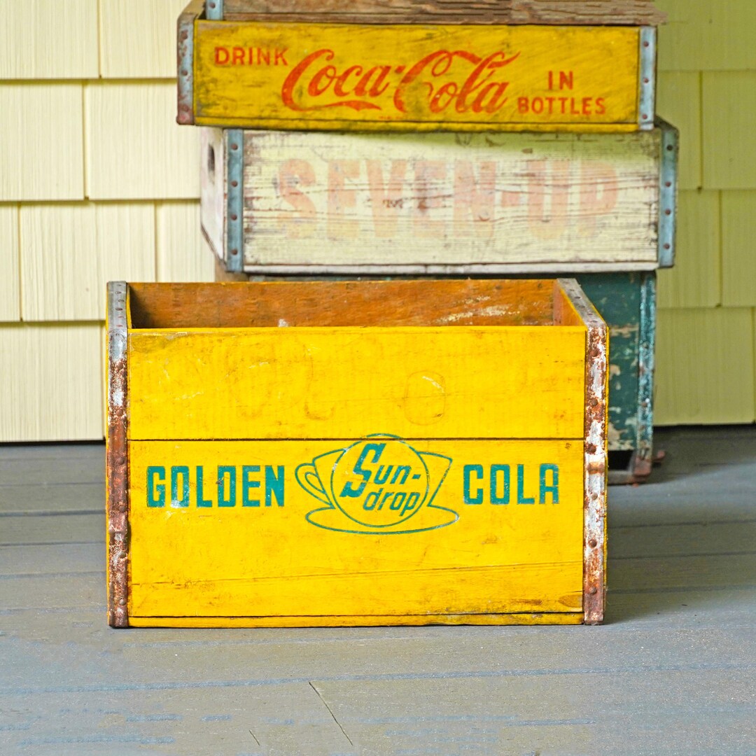 Vintage Golden Sundrop Cola Crate, Bright Yellow Wood Crate, Blue Print ...