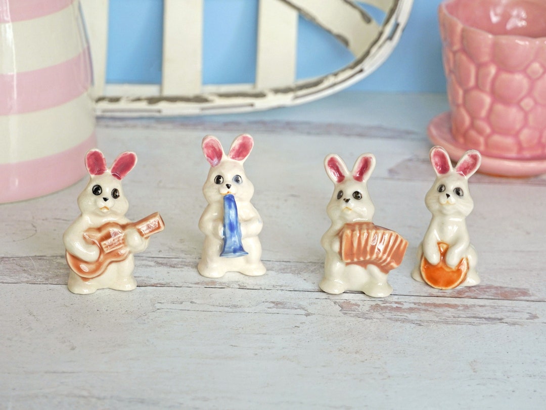 Vintage Glazed Porcelain Rabbits & Musical Instruments Figurines, Set ...