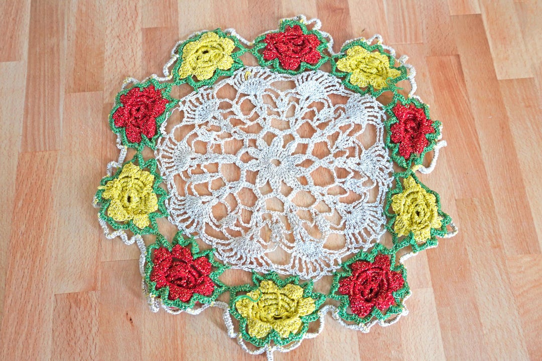 Vintage Crocheted Red and Yellow Rose Doily, 14" Diam, Made With ...