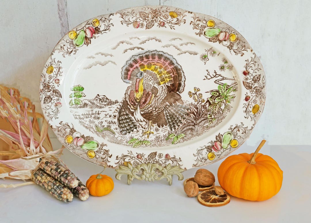 Vintage 18 Brown Transferware Turkey Platter, Scalloped Edge With ...