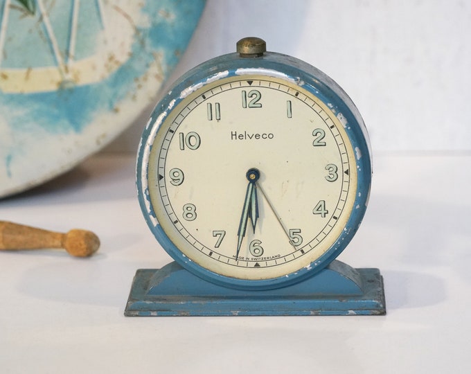Vintage 1940s Helveco Painted Blue Alarm Clock, Made in Switzerland ...
