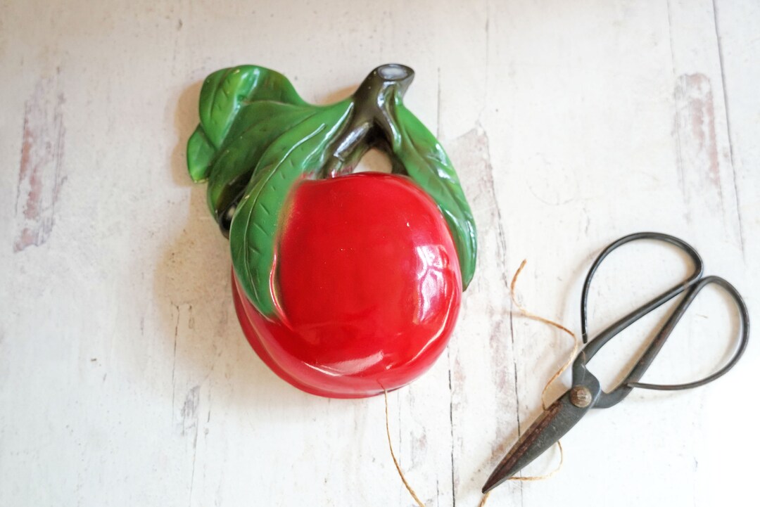 Vintage Plaster Bright Red Apple String Holder, Wall-hanging, Retro ...