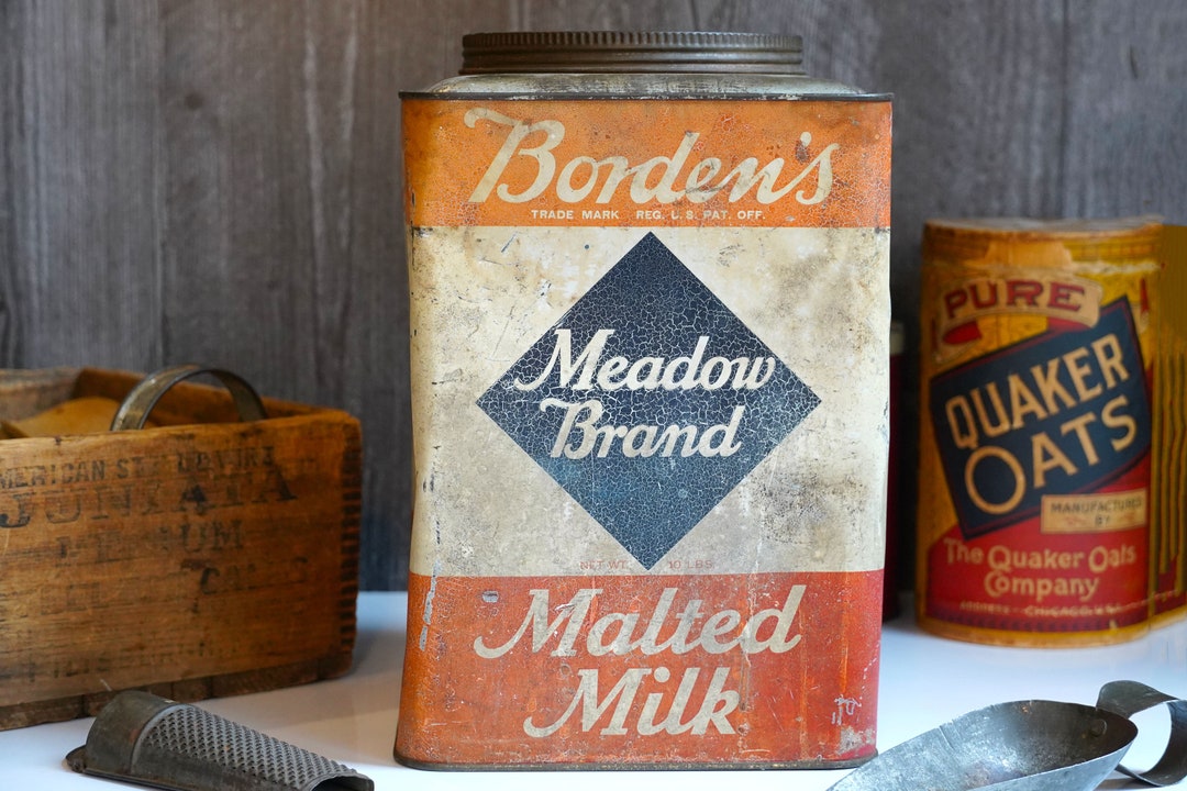 Antique 1901 1907 Borden's Meadow Brand Malted Milk 10 Lb Tin, TM Reg ...