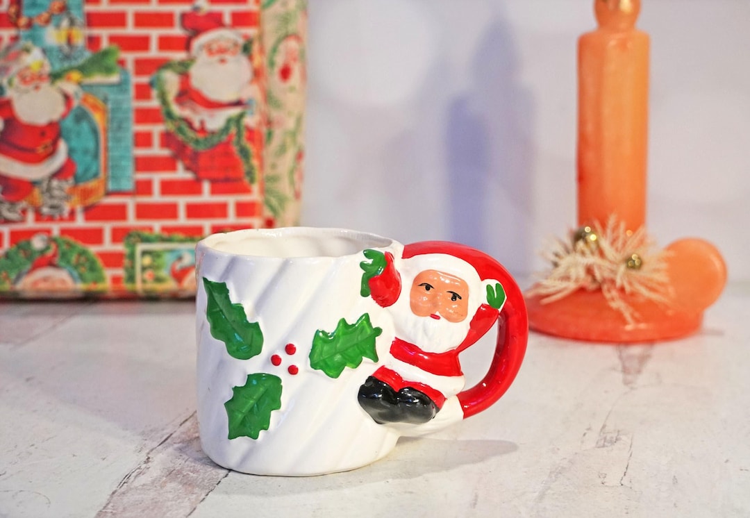 Vintage Ceramic Swirl Pattern Mug With Santa Handle and Holly ...