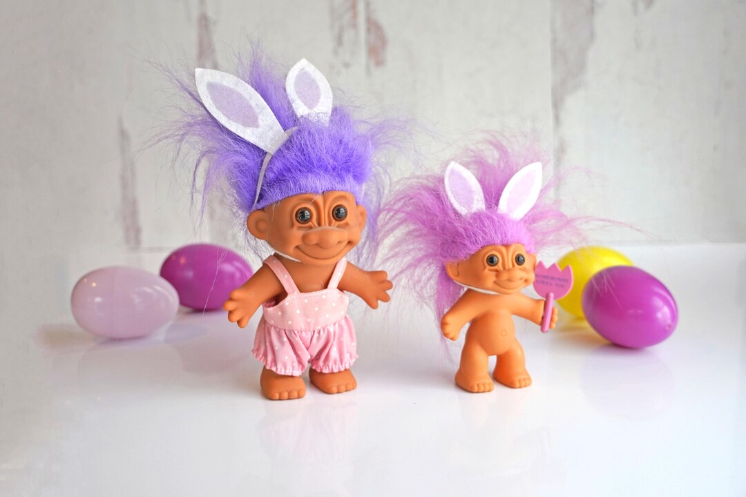 Vintage 1980s Russ Easter Troll Dolls, Purple Hair & Bunny Ears, 3", 4 ...