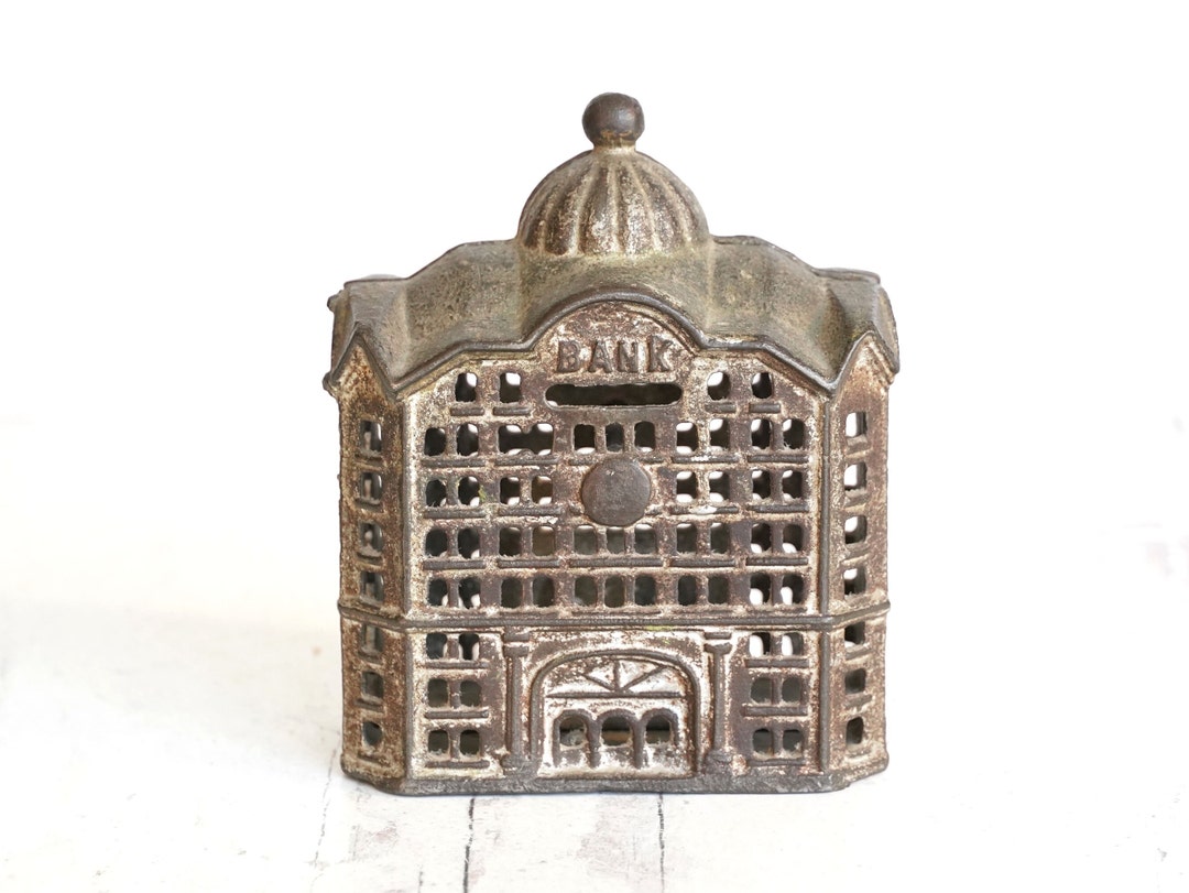 Antique Cast Iron Cage Style Bank, Still Bank, Bank Building, Domed ...