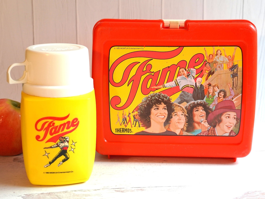 Vintage 1983 Fame Thermos Brand Lunch Box, Red Plastic, Yellow Thermos ...