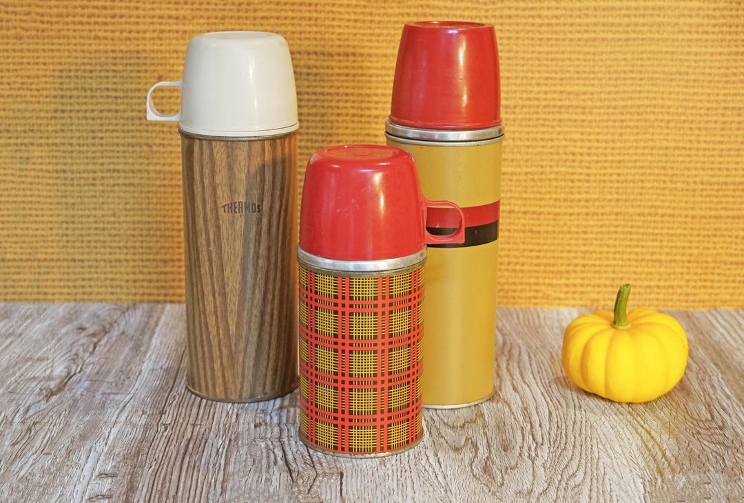 Vintage Set of 3 Thermos Bottles in Fall Tones, Khaki & Rings B34 A ...