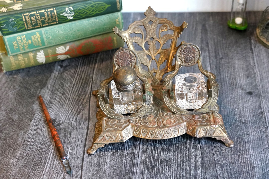 Antique Victorian Cast Iron Ink Stand, Ornate Leaf & Crown Scrollwork ...