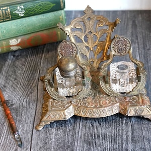 Antique Victorian Cast Iron Ink Stand, Ornate Leaf & Crown Scrollwork ...