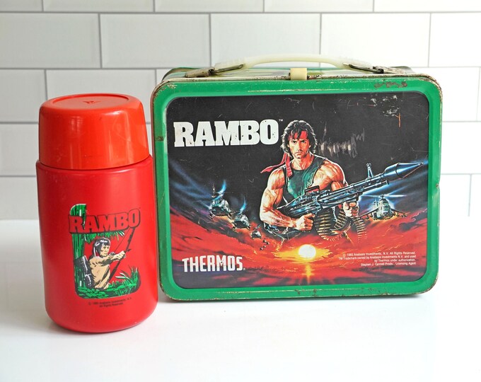 Vintage 1985 Thermos Rambo Metal Lunch Box, Green Camo, White Handle ...