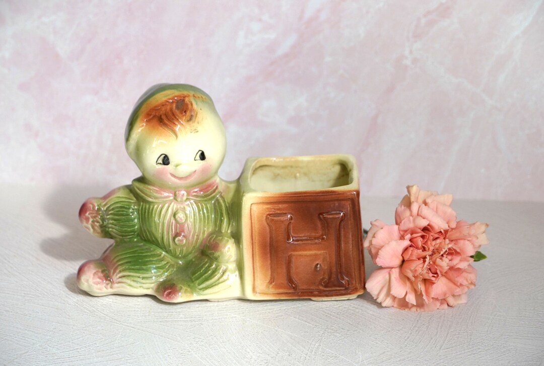 Vintage 1950s Baby Gift Planter, Pink & Green Glazed Ceramic Baby ...