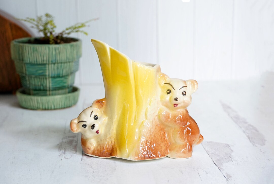 Vintage Glazed Ceramic Bear Cubs Tree Trunk Vase Yellow Trunk