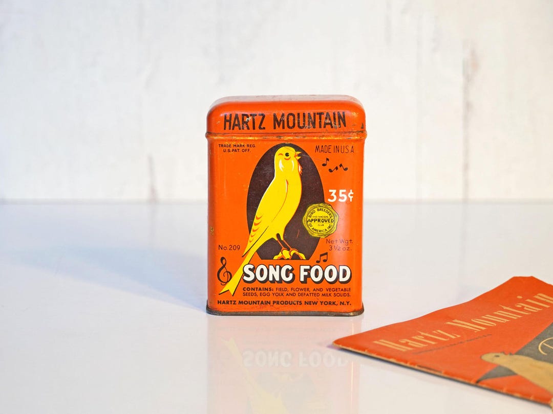 Vintage Hartz Mountain Song Food Tin, No 209, 3 1/2 Oz., Orange, Yellow ...