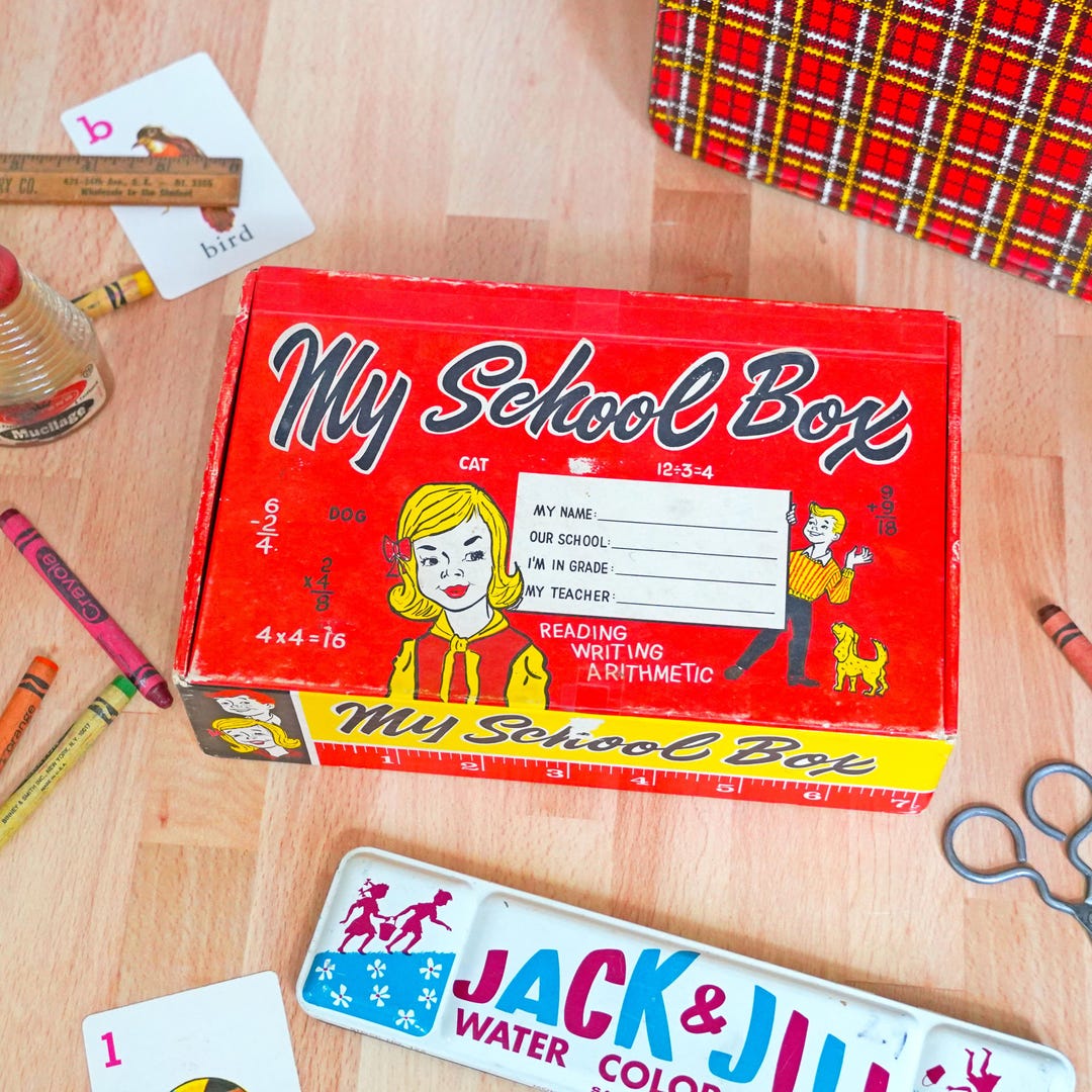 Vintage 1960s Cardboard School Supplies Box, Red and Yellow Mid-century ...