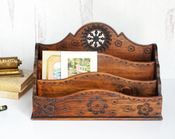 Antique 1920s Hand-crafted, Wood Letter Holder, Cut Out Round Spoke ...