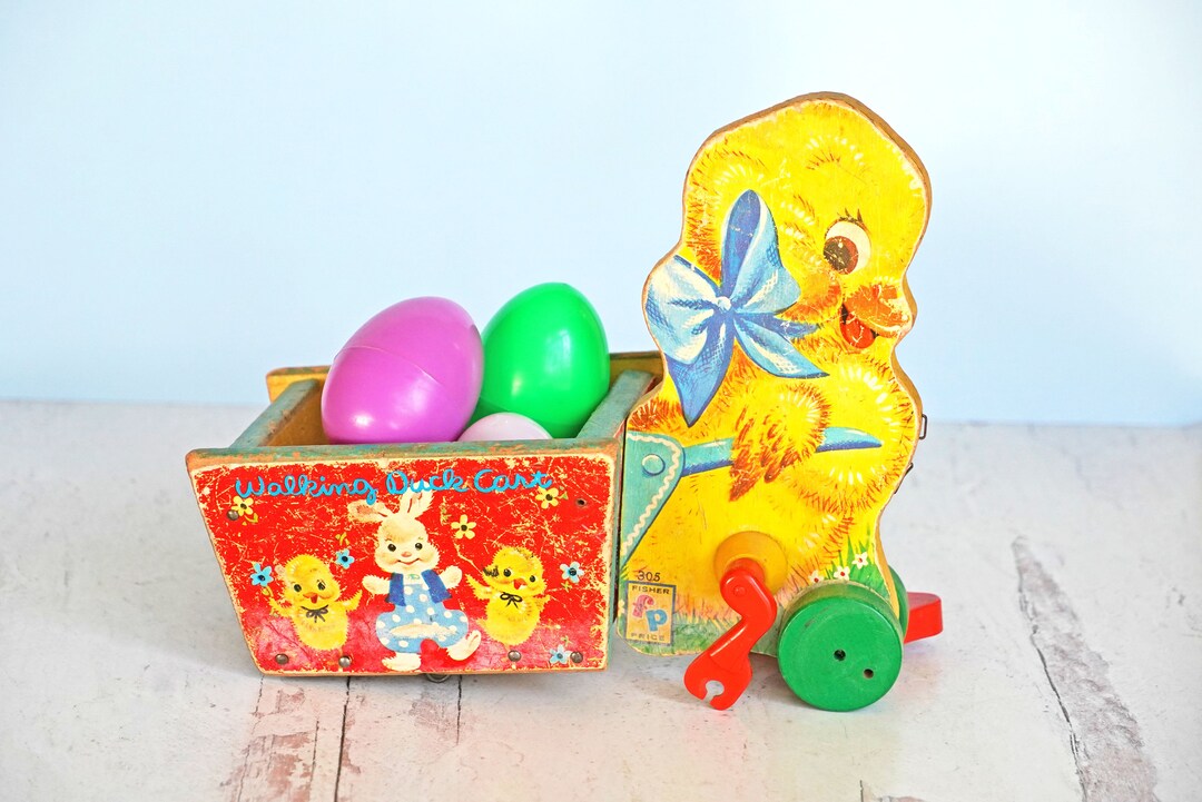 Vintage 1950s Fisher Price Walking Duck Cart, 305, Wood Body, Colorful ...