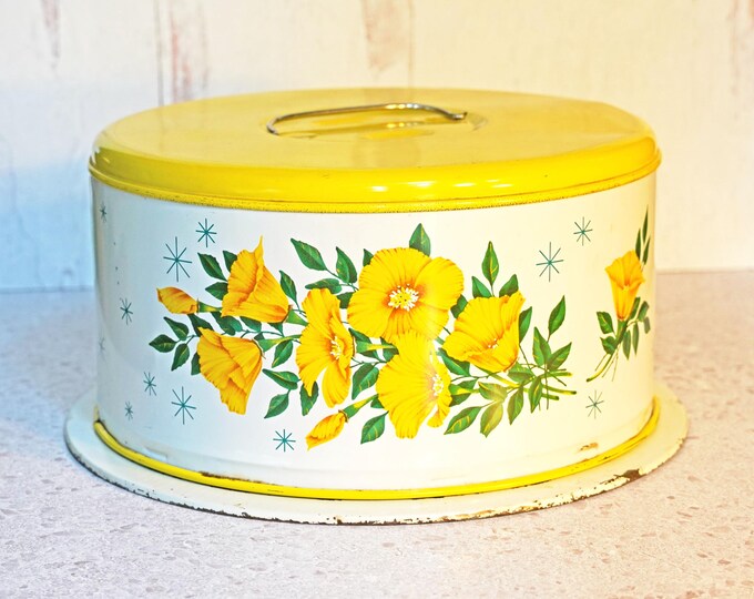 Vintage Mid-century Yellow & White Tin Litho Cake Carrier, Silver ...