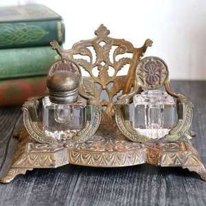 Antique Victorian Cast Iron Ink Stand, Ornate Leaf & Crown Scrollwork ...