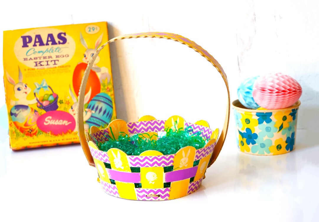 Vintage 1950s Cardboard Easter Basket, Purple & Yellow Woven Basket ...