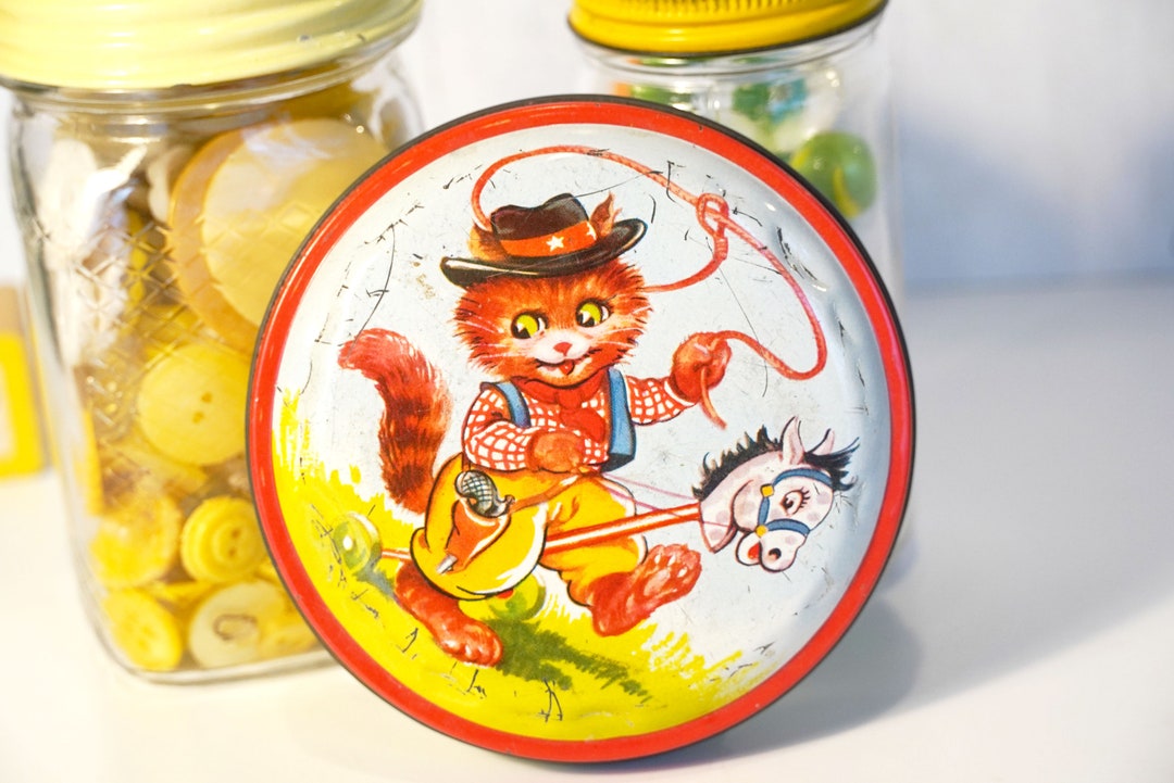 Vintage 1950s Daintee Pure Confectionery Tin, 4 1/4" Round, Cowboy ...