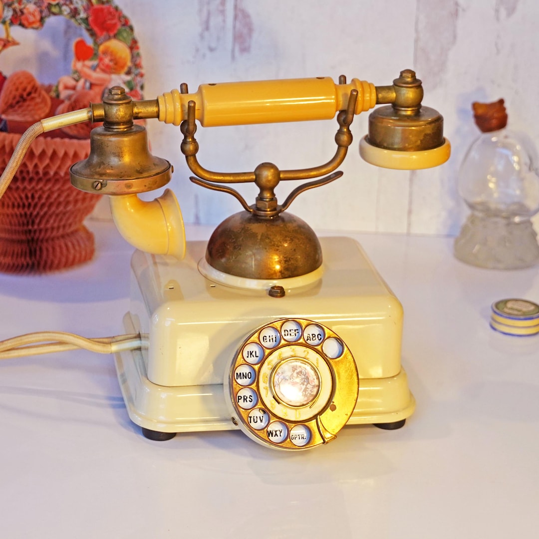 Vintage French Victorian Style Telephone, Rotary Dial, Brass Cradle ...