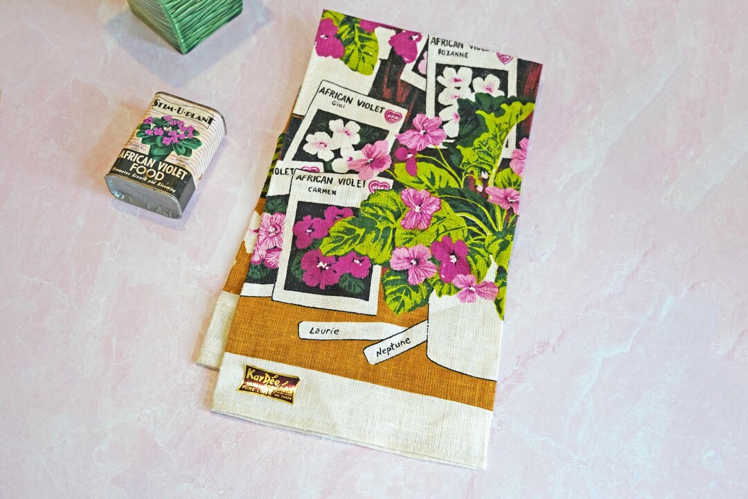 Vintage Kay Dee Hand-printed Linen Kitchen Towel, African Violets, Bob ...