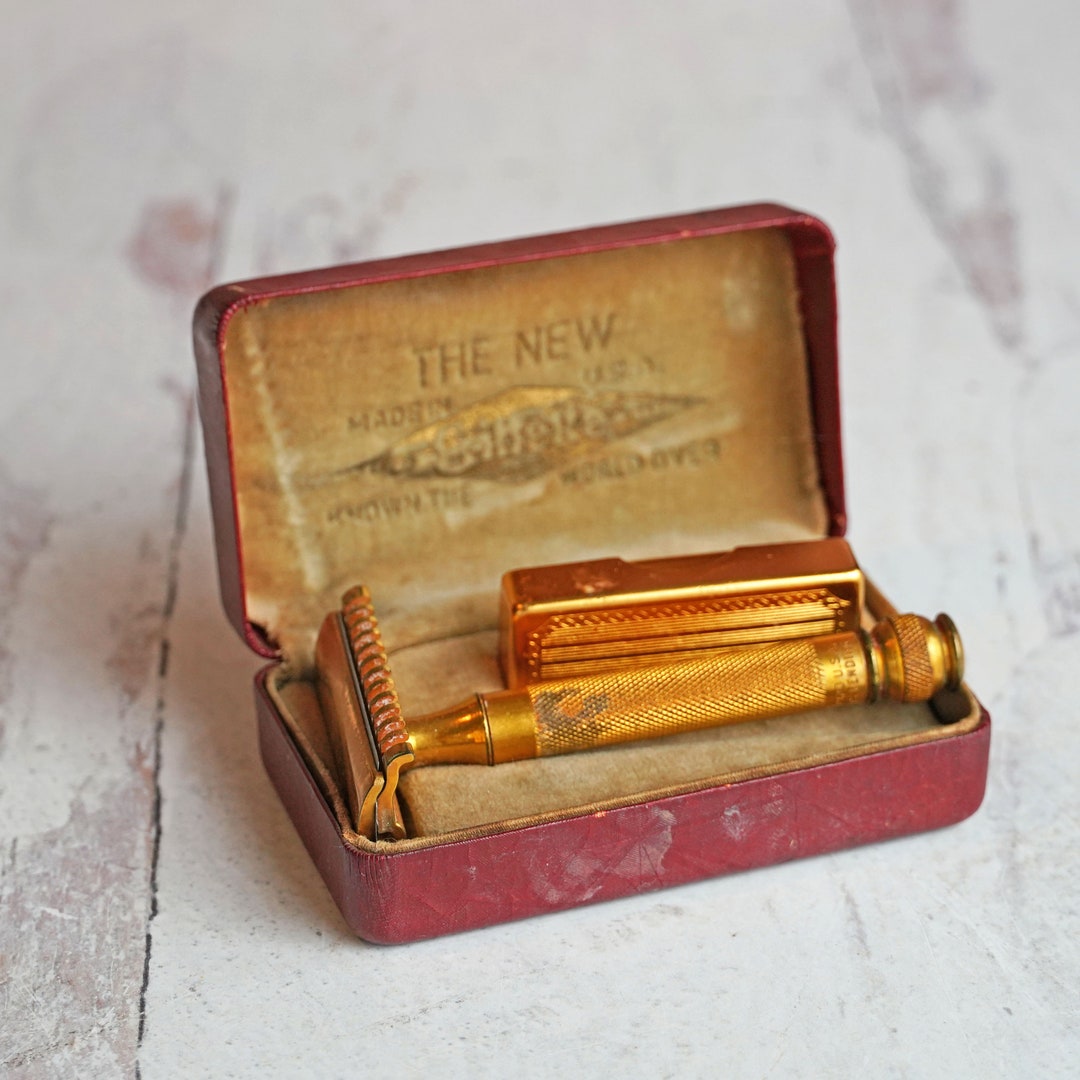 Antique 1920s Gold Tone, Men's New Gillette Razor & Blade Holder, Red ...