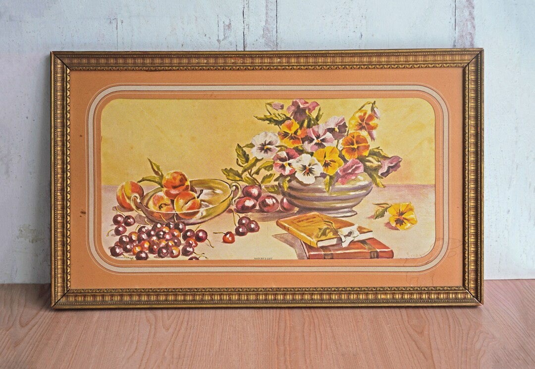 Antique Framed Still Life "nature's Gift" Lithograph, Fruit and Flowers ...