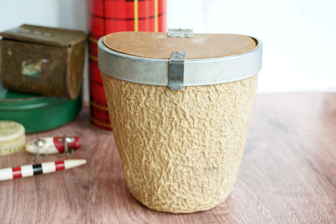 Vintage Fishing Bait Bucket, Hinged Lid, Hard Board, & Metal Belt ...