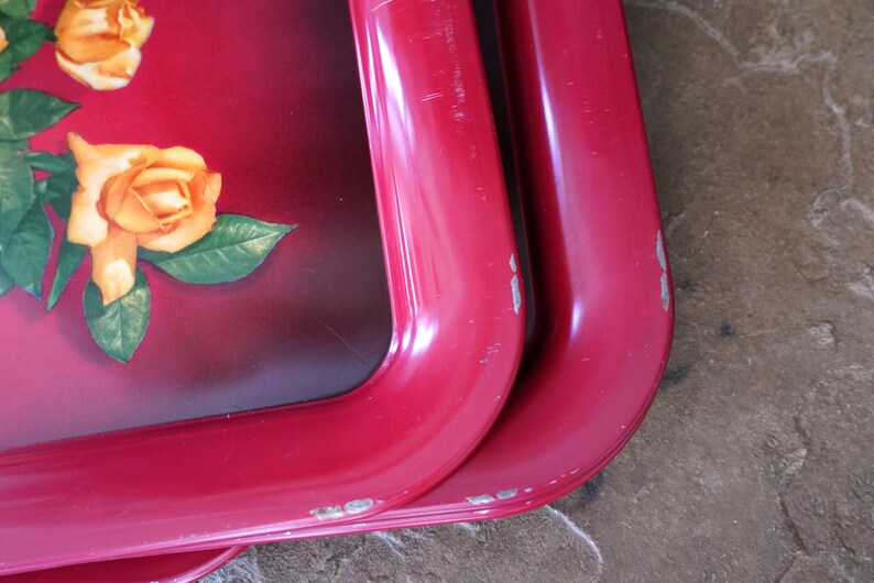 Vintage Dark Red Metal Lap Trays With Peachy Yellow Roses - Etsy