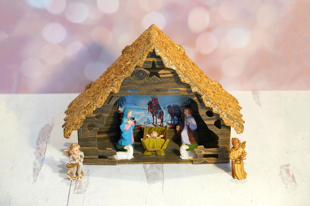 Vintage 1950s Nativity Set, Cardboard Creche, Straw on Roof, Joseph ...