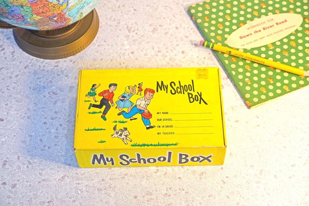 Vintage 1960s Cardboard My School Box, Yellow School Supplies Box ...