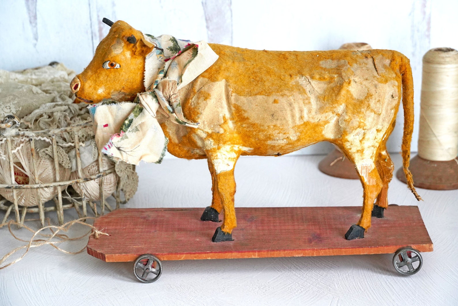 Antique Paper Mache Flocked Hand-painted Cow Pull Toy Made | Etsy