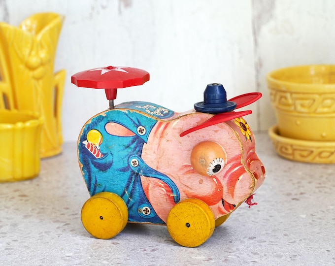 Vintage 1958 Fisher Price Pinky Pig Pull Toy 695, Overalls, Candy in ...