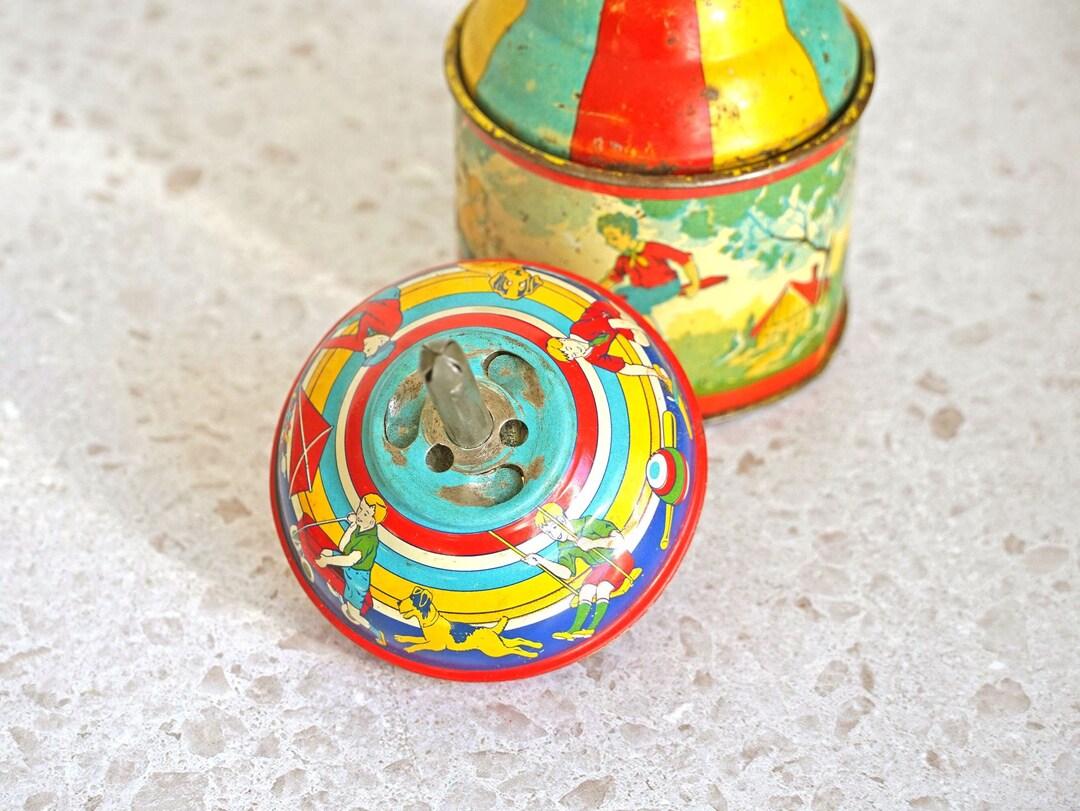 Vintage 1940s Tin Litho Toy, Spinning Top Children and Dogs Playing, 3 ...
