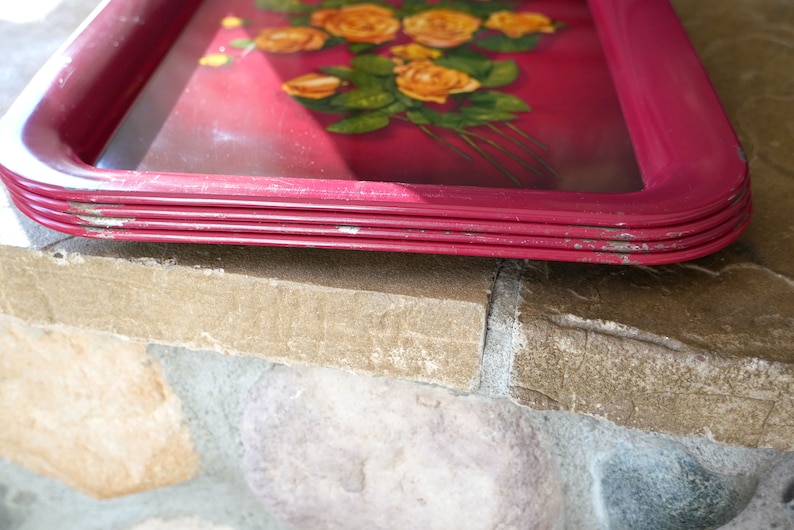 Vintage Dark Red Metal Lap Trays With Peachy Yellow Roses - Etsy