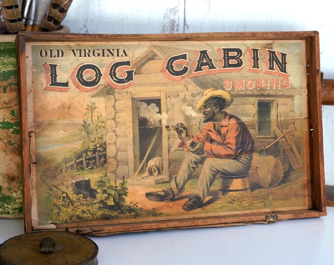 Antique 1870s - 80s Old Virginia Log Cabin Smoking Tobacco Wood Box Lid ...