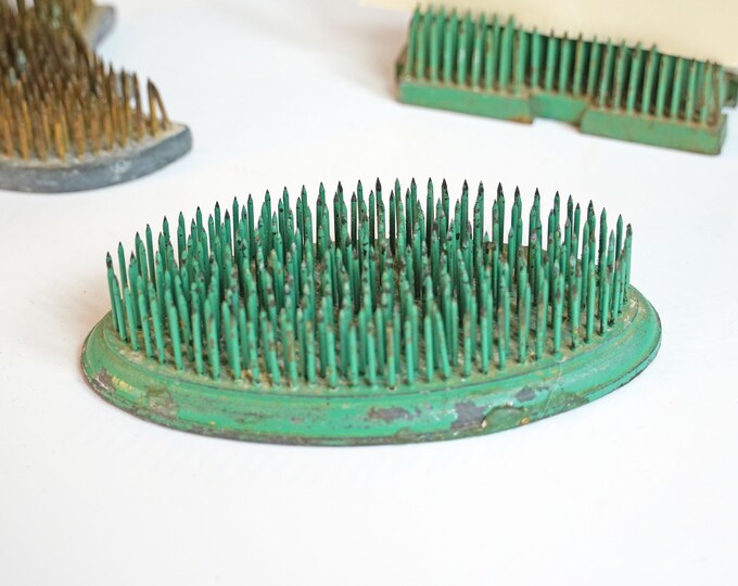 Vintage Painted Green Cast Iron Pin Flower Frog, 4 1/2" Oval Shape ...