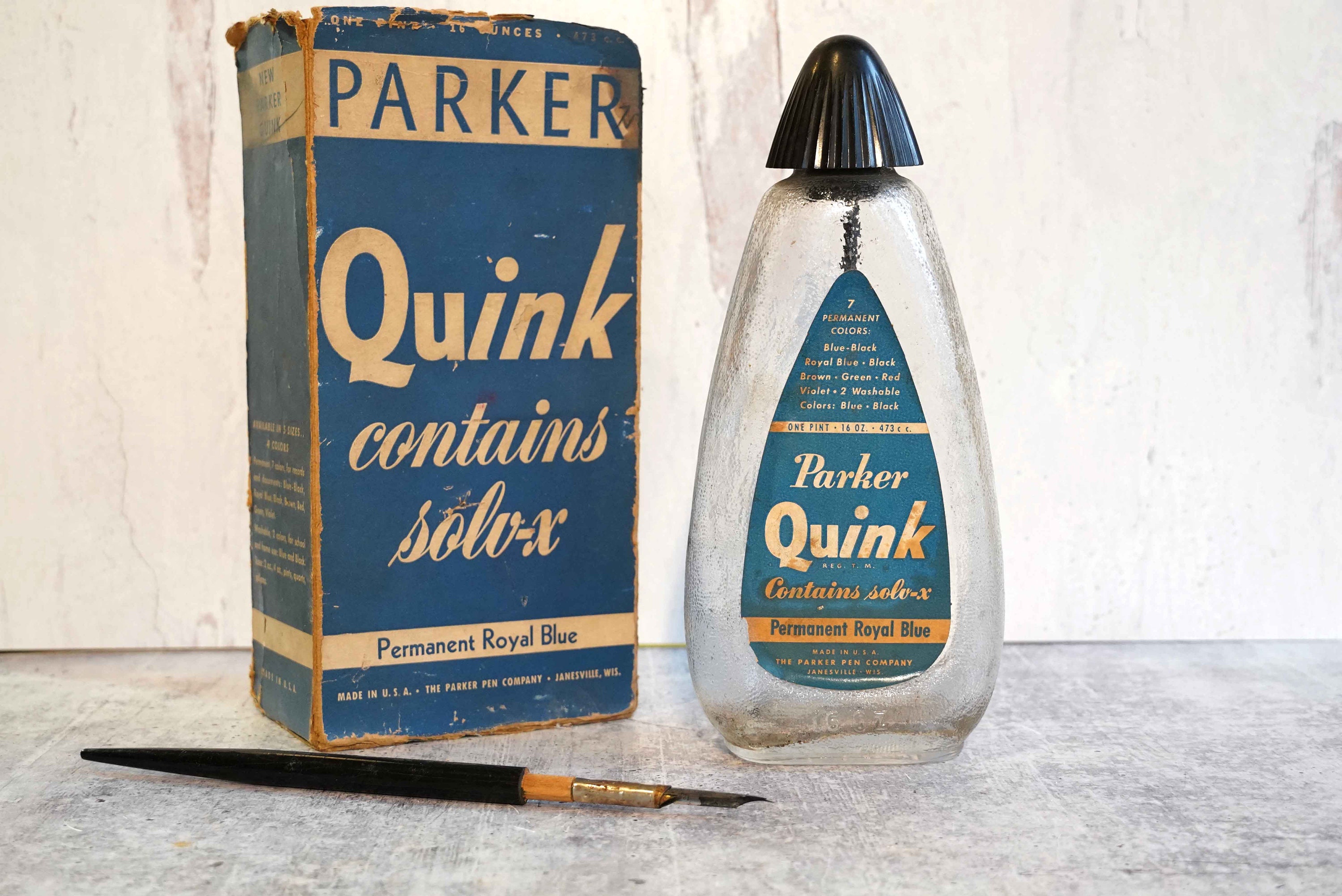 Vintage 1940s Parker Quink Permanent Royal Blue Ink Bottle With Solv-x ...