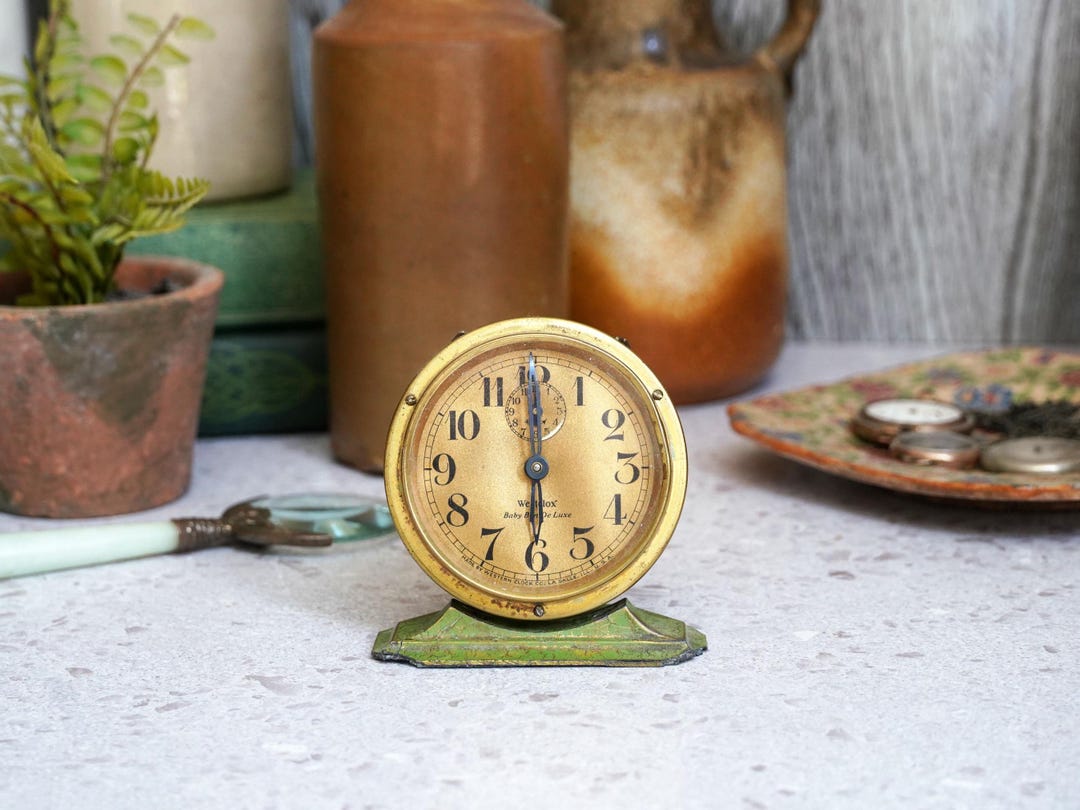 Vintage 1927 Baby Ben Deluxe Clock, Brass Surround, Gold Face, Crackled ...